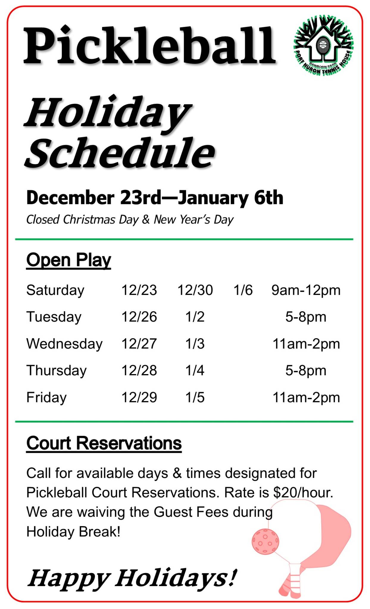 Pickleball Holiday Schedule – Port Huron Tennis House- Port Huron and ...