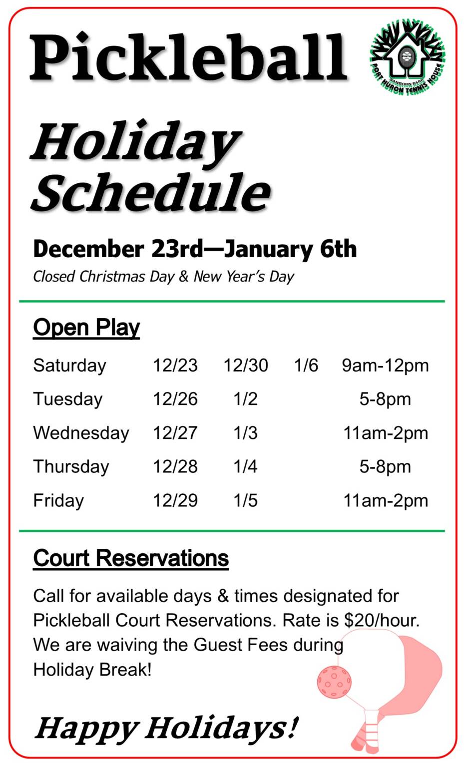 Pickleball Holiday Schedule – Port Huron Tennis House- Port Huron and ...